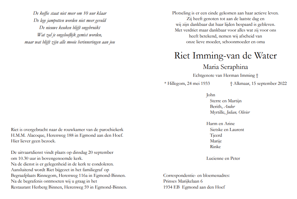 Riet Imming overleden | V.V. Zeevogels